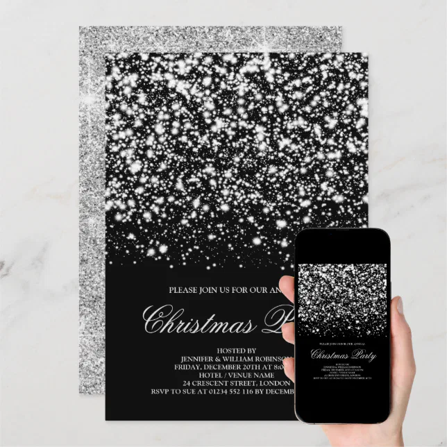 Christmas Party Silver Glitter Glam Elegant Invitation | Zazzle