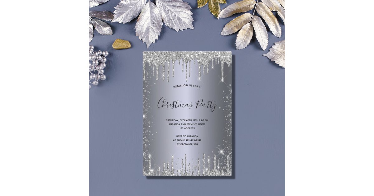 Christmas Party silver metal glitter sparkle Invitation | Zazzle