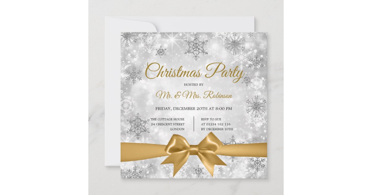 Christmas Party Silver Winter Sparkle Gold Ribbon Invitation | Zazzle