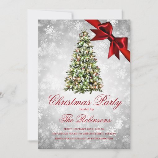 Christmas Party | Silver Xmas Tree Ribbon Glitter Invitation | Zazzle
