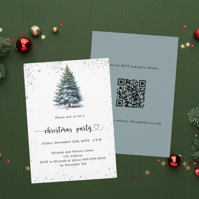Christmas Party tree snow hand-drawn QR code Invitation | Zazzle