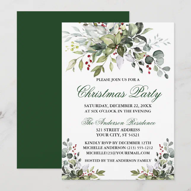 Christmas Party Watercolor Greenery Berries Invitation | Zazzle