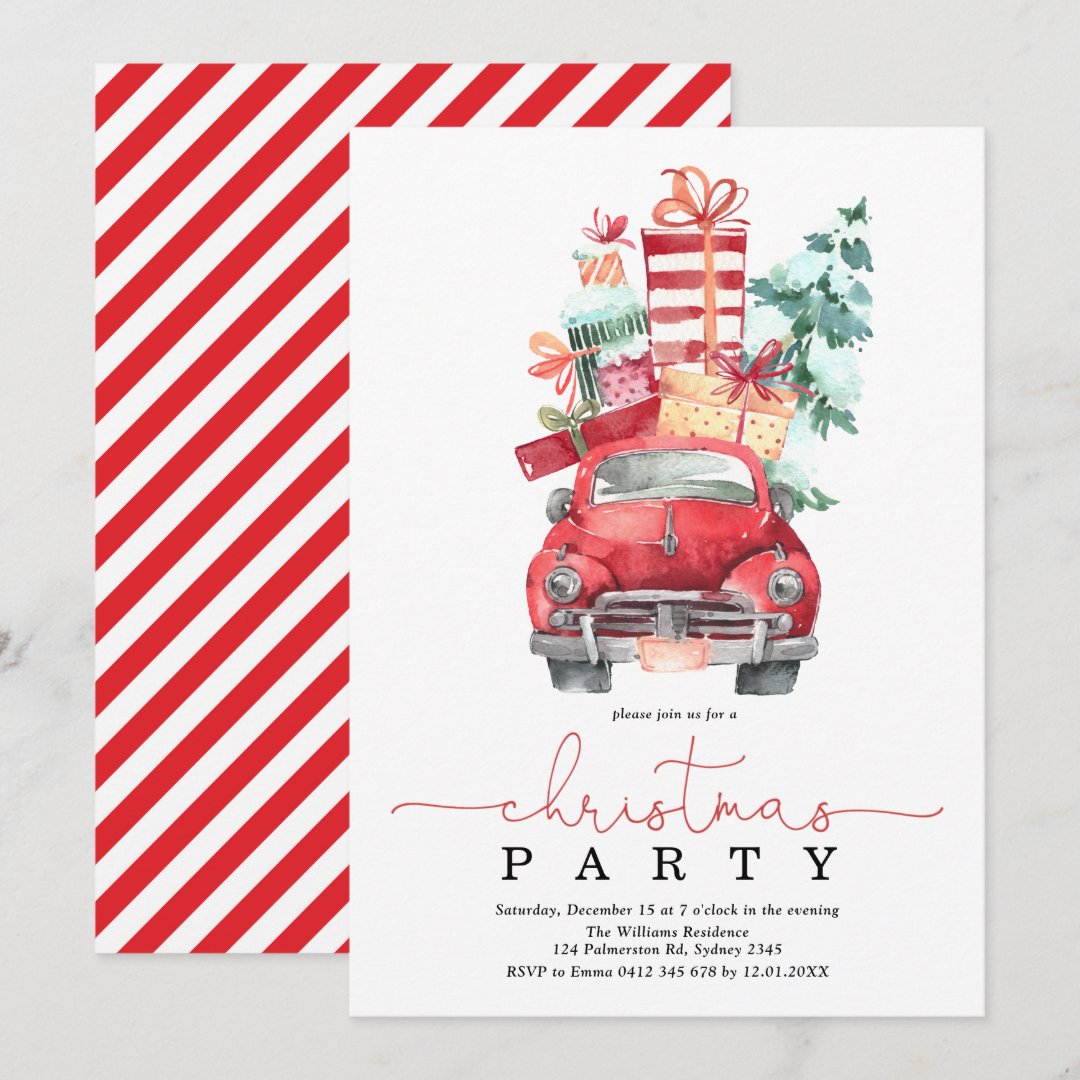 Christmas Party, Watercolor Red Car Winter Holiday Invitation | Zazzle