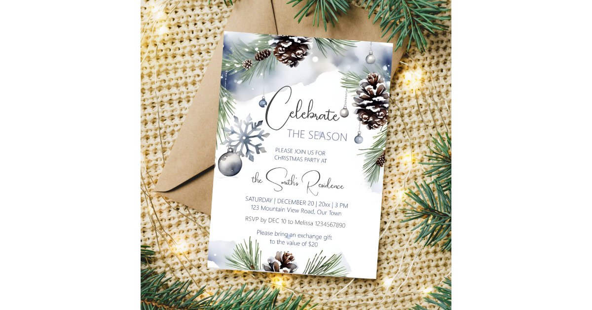 Christmas party watercolor snowy pines invitation | Zazzle