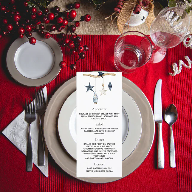 Christmas party white blue nordic menu card | Zazzle