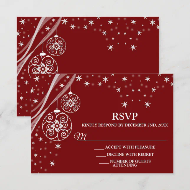 Christmas Party White Ornaments Stars Red Elegant RSVP Card | Zazzle