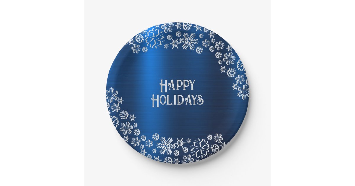 Christmas Party White Snowflakes Navy Blue Paper Plates | Zazzle