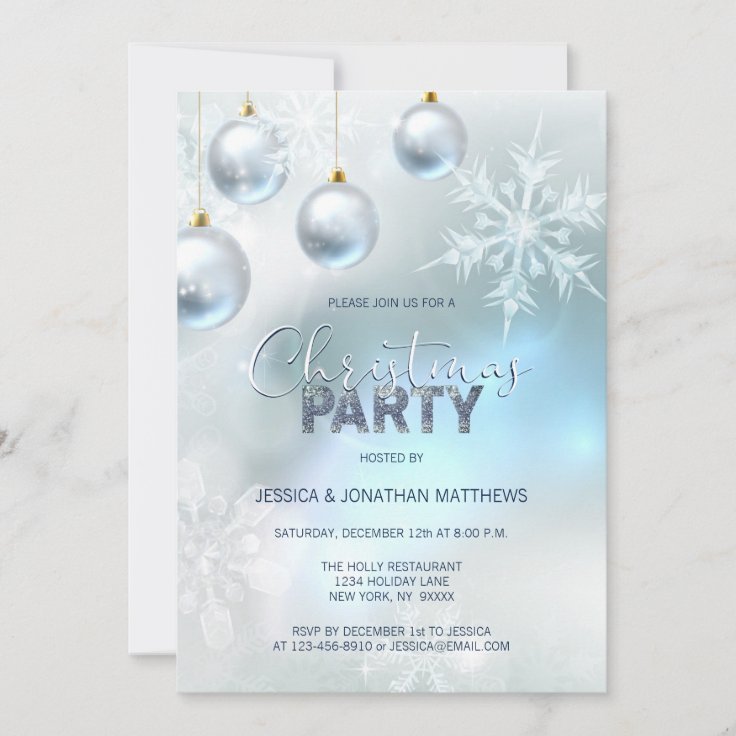 CHRISTMAS PARTY Winter Snow Snowflakes Blue Silver Invitation | Zazzle