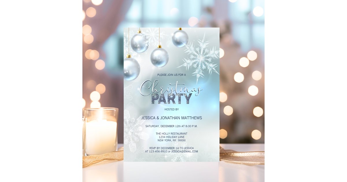 CHRISTMAS PARTY Winter Snow Snowflakes Blue Silver Invitation | Zazzle