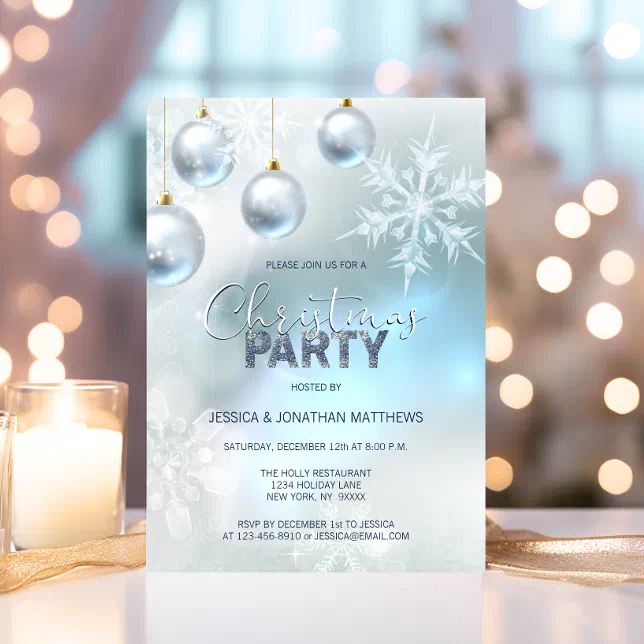 CHRISTMAS PARTY Winter Snow Snowflakes Blue Silver Invitation | Zazzle