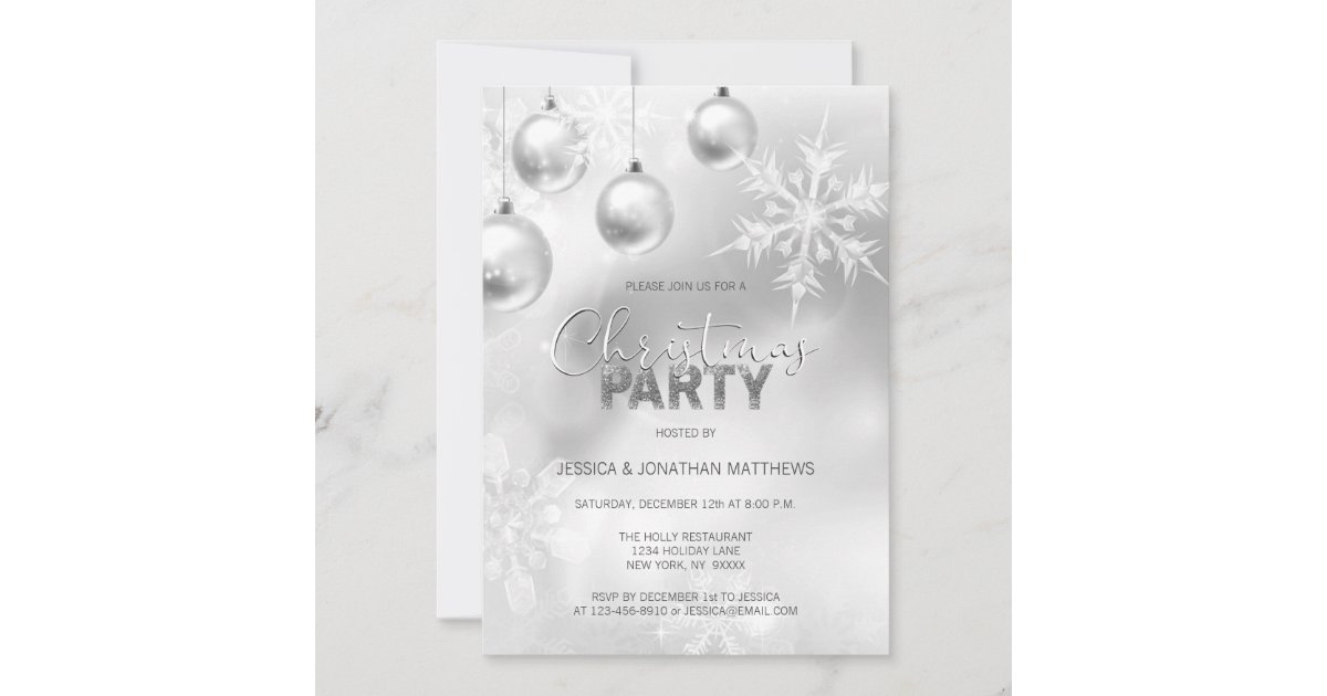 CHRISTMAS PARTY Winter Snow Snowflakes Silver Invitation | Zazzle