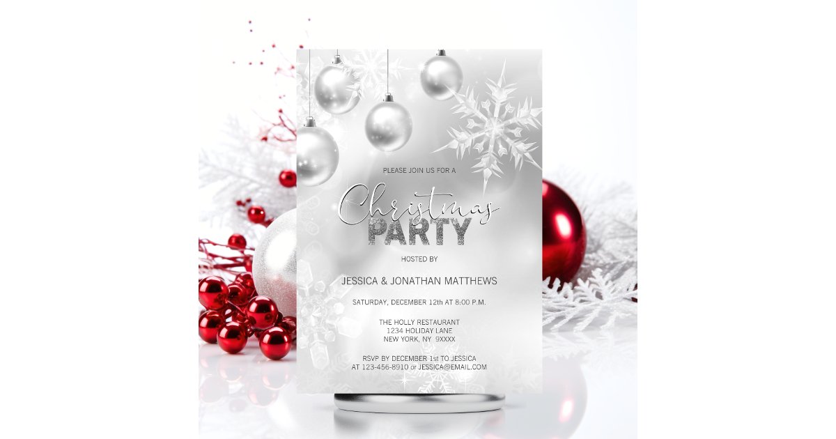 CHRISTMAS PARTY Winter Snow Snowflakes Silver Invitation | Zazzle