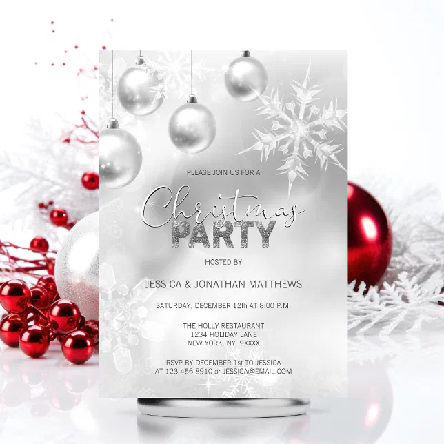 CHRISTMAS PARTY Winter Snow Snowflakes Silver Invitation | Zazzle