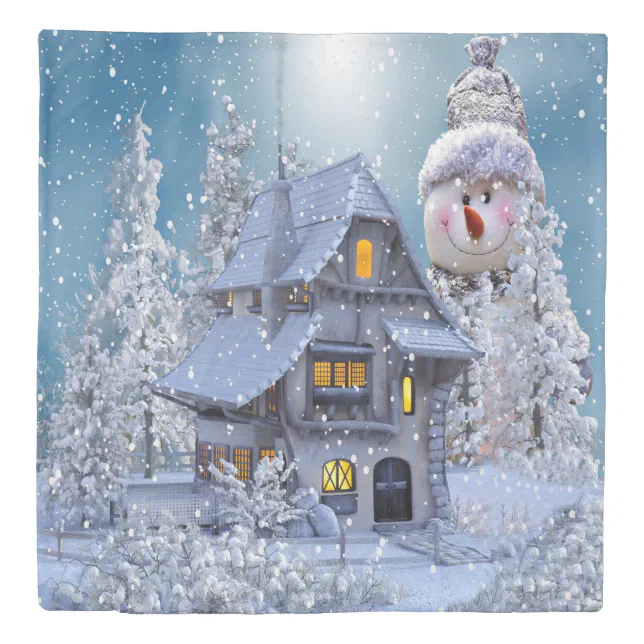 Christmas Party Winter White Snowman Blue Rustic Duvet Cover | Zazzle