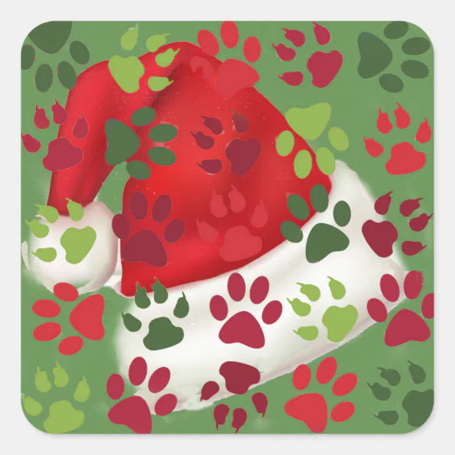 Christmas Paw Prints with Santa Hat Square Sticker | Zazzle