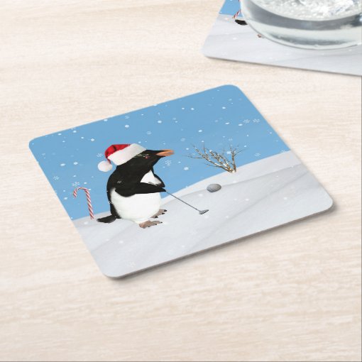 Christmas, Penguin Playing Golf Square Paper Coaster | Zazzle