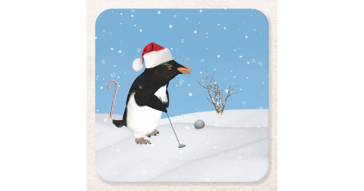 Christmas, Penguin Playing Golf Square Paper Coaster | Zazzle