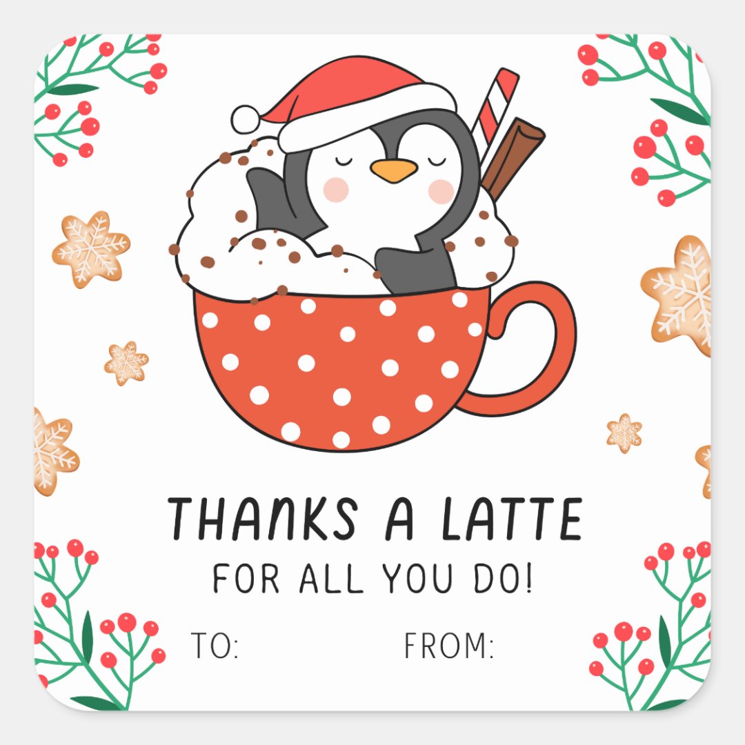 Christmas Penguin Thanks a Latte Square Sticker | Zazzle