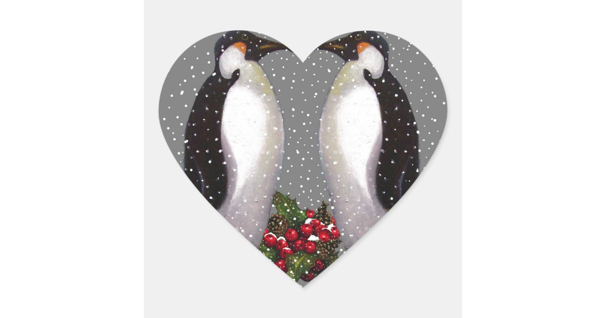 Christmas Penguins in Snow, Holly: Art Heart Sticker | Zazzle