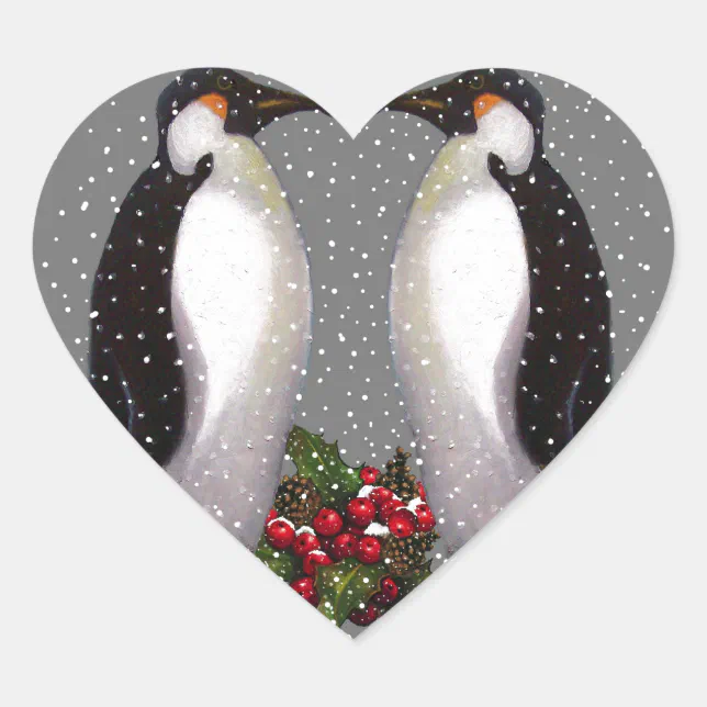 Christmas Penguins in Snow, Holly: Art Heart Sticker | Zazzle