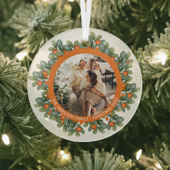 Christmas Personalized Wreath Photo Frame Glass Ornament | Zazzle