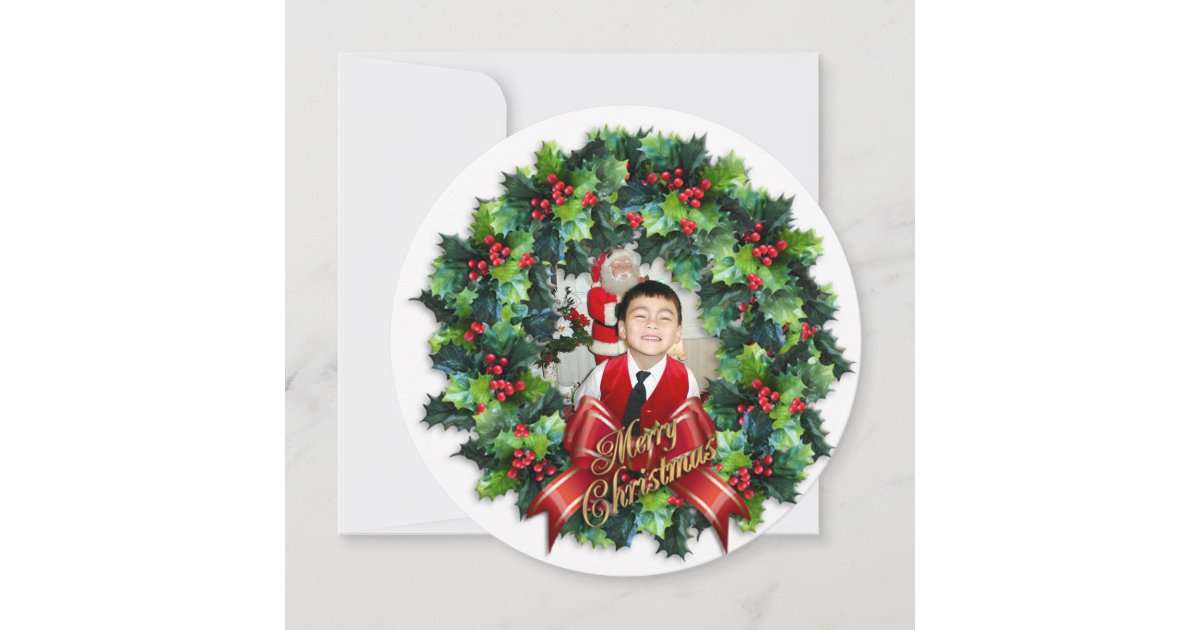 Christmas photo card round wreath | Zazzle