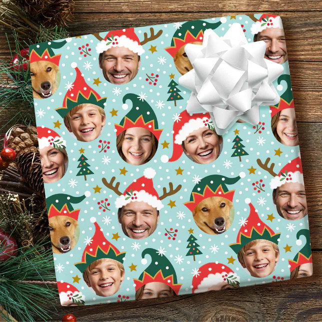 Christmas Photo Collage Festive Funny Face Blue Wrapping Paper | Zazzle