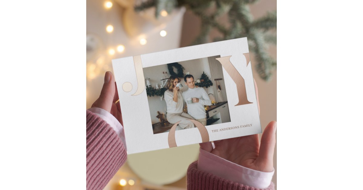 Christmas Photo Family | Rose gold Joy Postcard | Zazzle