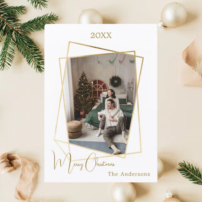 Christmas photo geometric gold modern holiday card | Zazzle