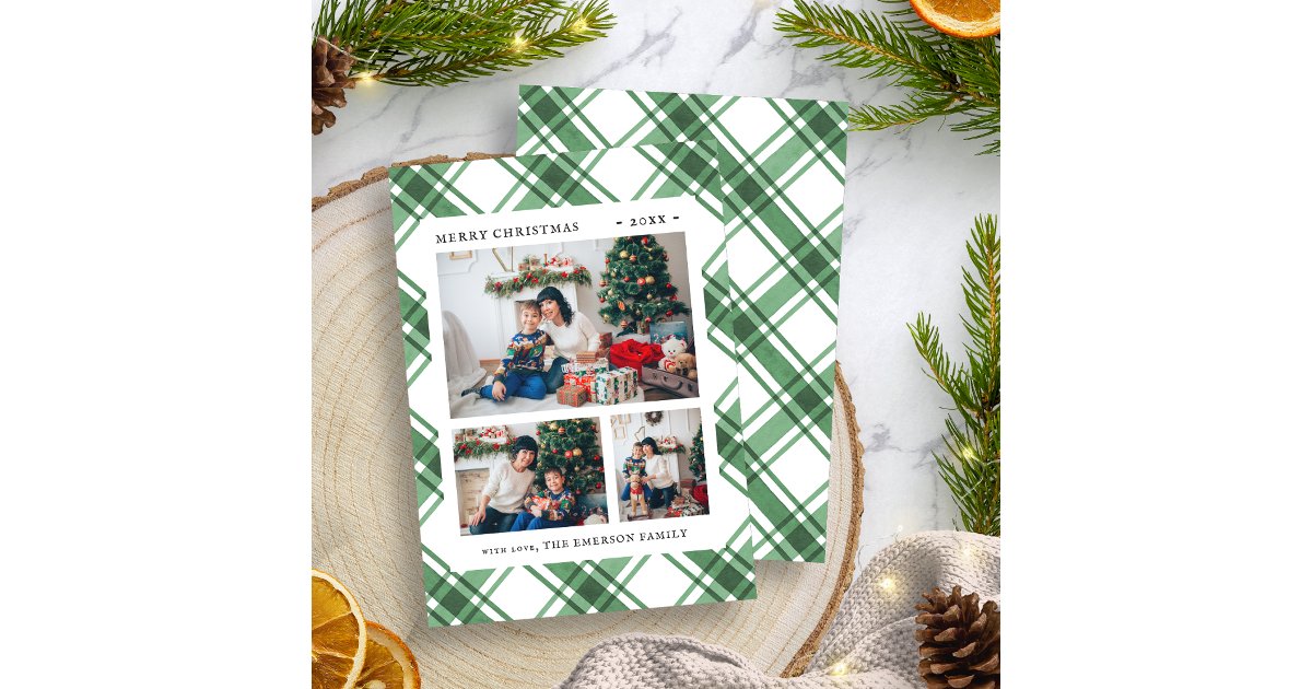 Christmas Photo Green Plaid Holiday Card | Zazzle