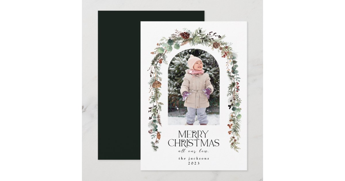 Christmas Photo Rustic Greenery Berries Cedar Holiday Card | Zazzle