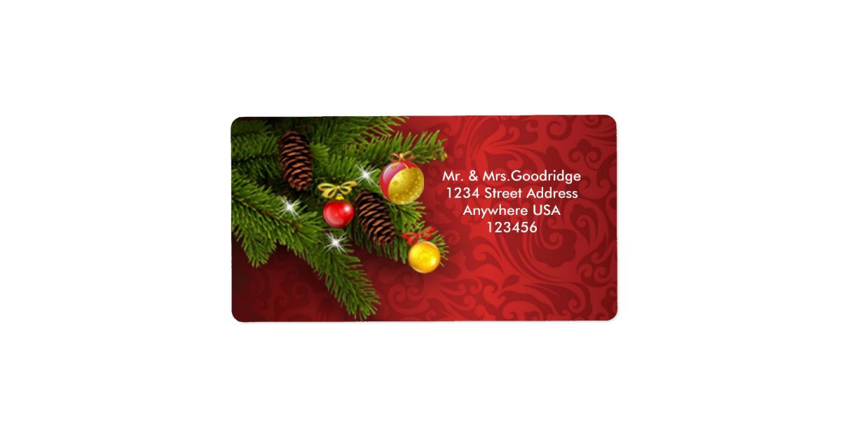 Christmas pine tree, cones and baubles label | Zazzle