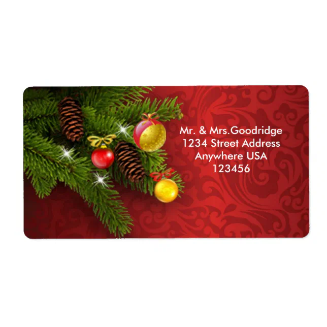 Christmas pine tree, cones and baubles label | Zazzle