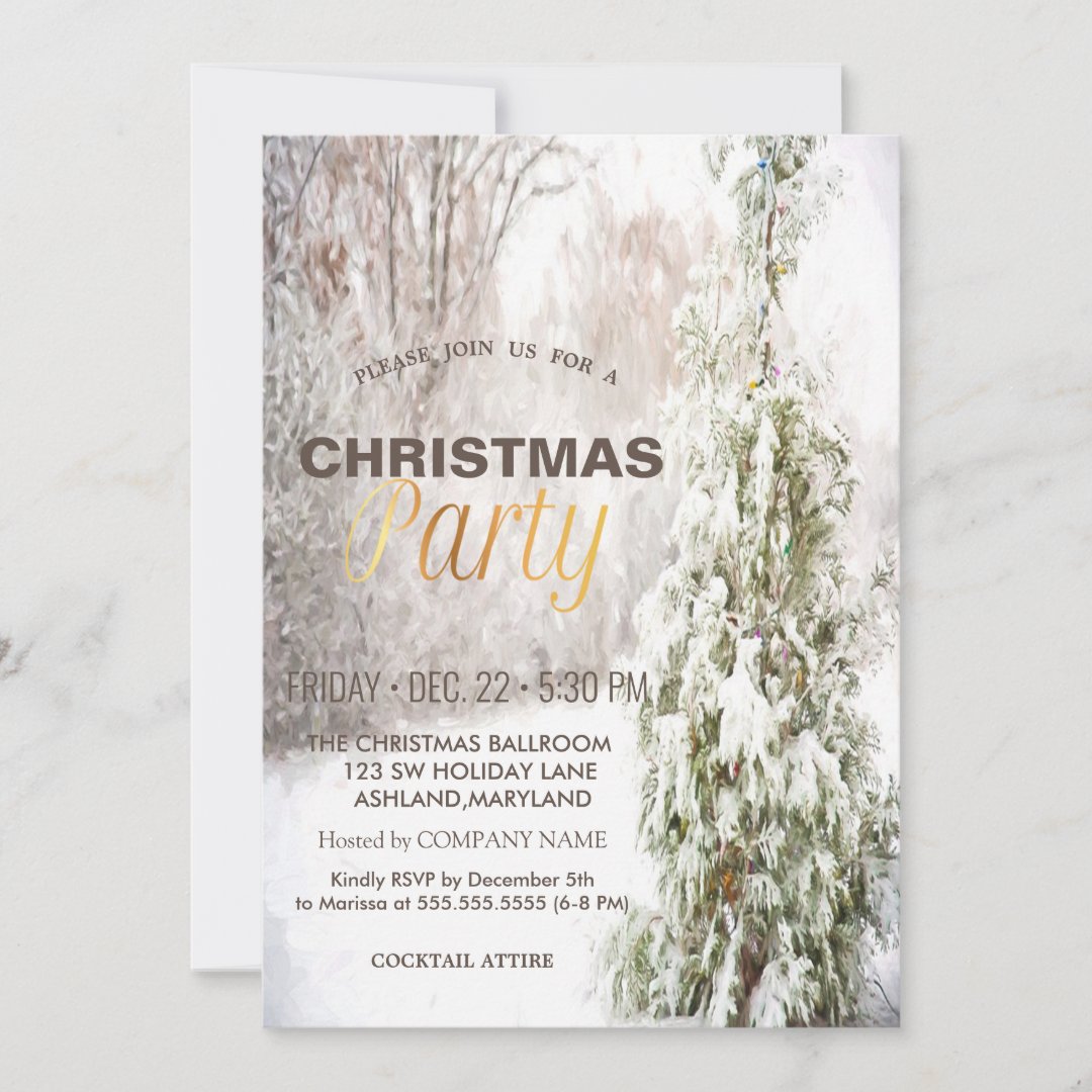 Christmas Pine Tree Snow Corporate Christmas Party Invitation | Zazzle