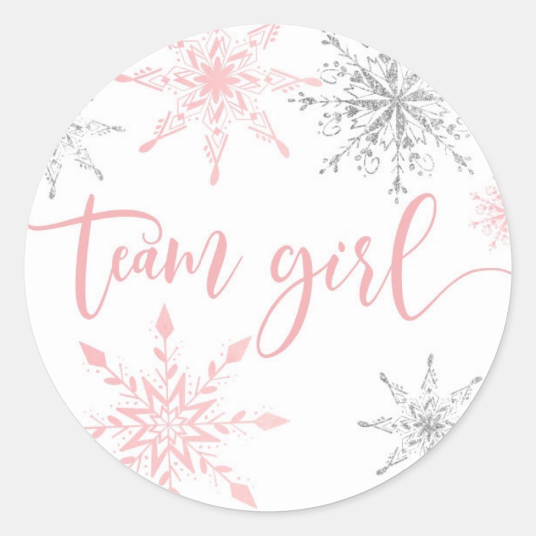 Christmas pink silver snowflakes team girl classic round sticker | Zazzle