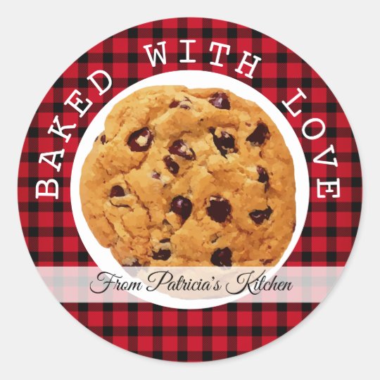 Christmas Plaid Baked With Love Cookies Classic Round Sticker | Zazzle.com