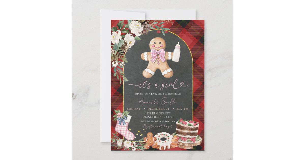 Christmas Plaid Gingerbread Baby Shower Girl Invitation | Zazzle