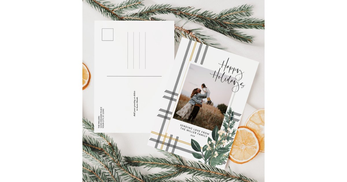 Christmas Plaid Greenery Holiday Photo Postcard | Zazzle