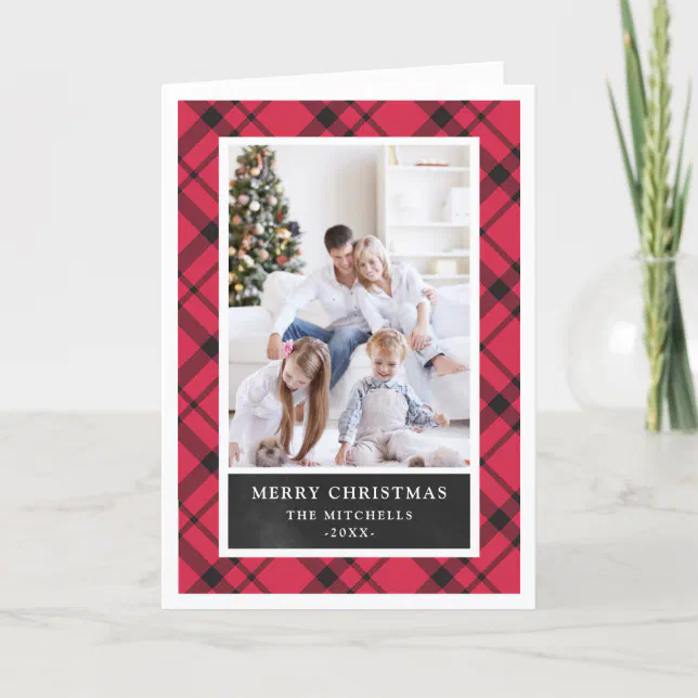 Christmas Plaid | Red and Black Photo Holiday Card | Zazzle