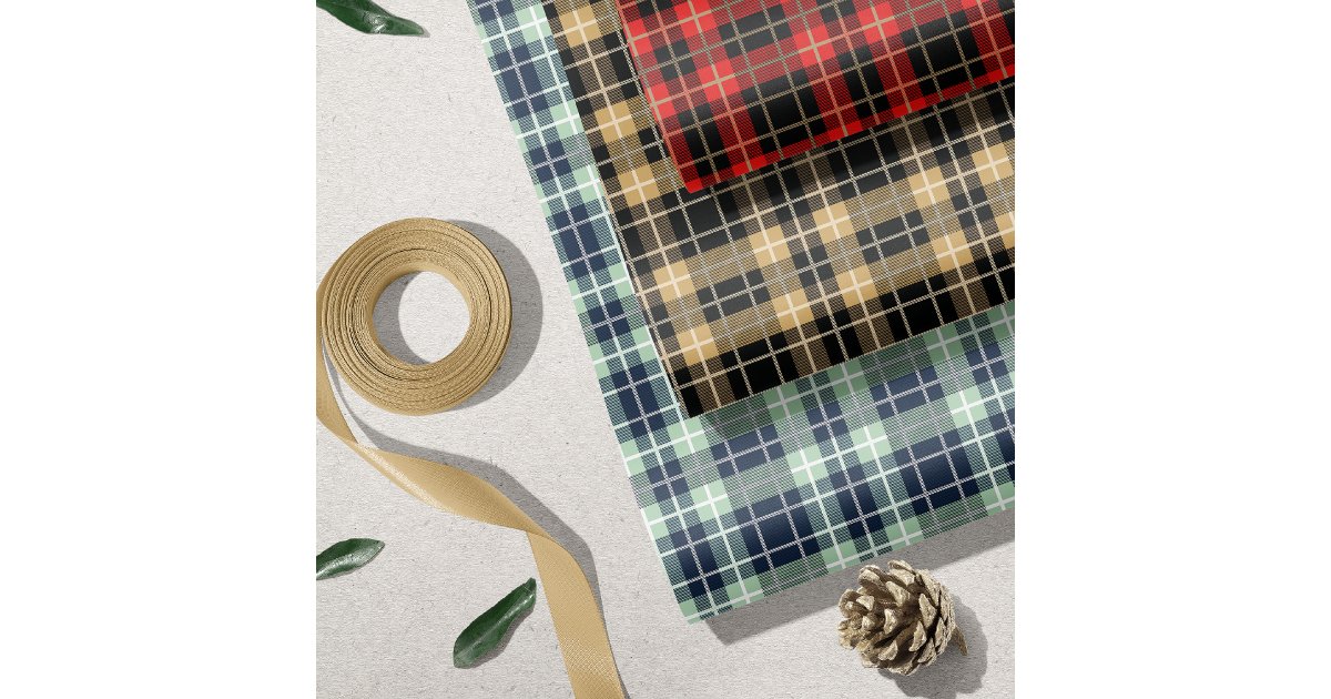 Christmas Plaid Trio Red Gold Navy Wrapping Paper Sheets | Zazzle