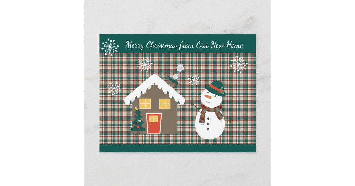 Christmas Plaid with Cute Snowman New Home Announcement Postcard | Zazzle