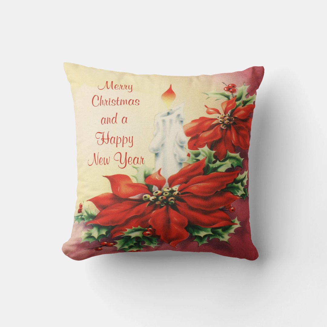 Christmas Poinsettia and Candle Throw Pillow | Zazzle