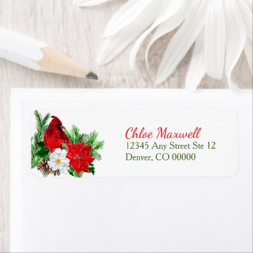 Christmas Poinsettia Cardinal Return Address Label | Zazzle