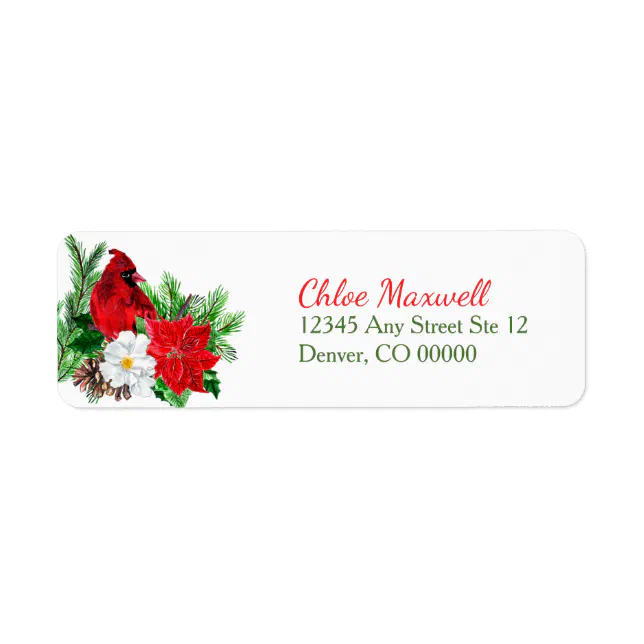 Christmas Poinsettia Cardinal Return Address Label | Zazzle
