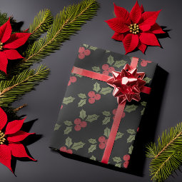 Christmas Poinsettia Flower Mistletoe Red Berries Wrapping Paper | Zazzle