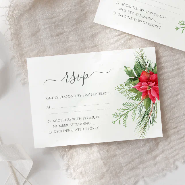 Christmas Poinsettia Winter Greenery Botanical RSVP Card | Zazzle