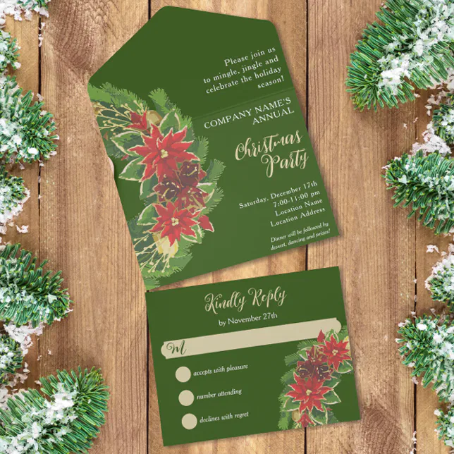Christmas Poinsettias Company Party Green All In One Invitation | Zazzle