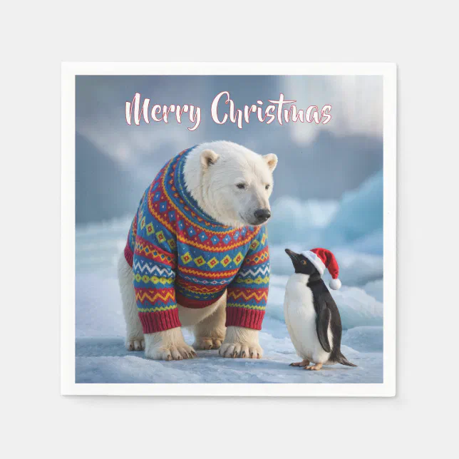 Christmas Polar Bear and Penguin On a Glacier Napkins | Zazzle