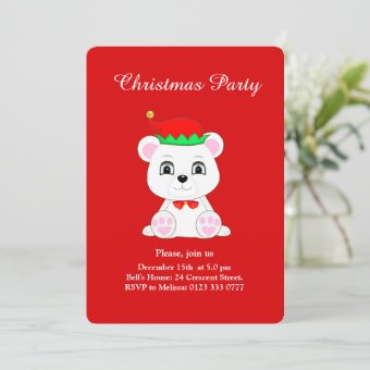 Christmas Polar Bear Elf on Red Party Invitation | Zazzle