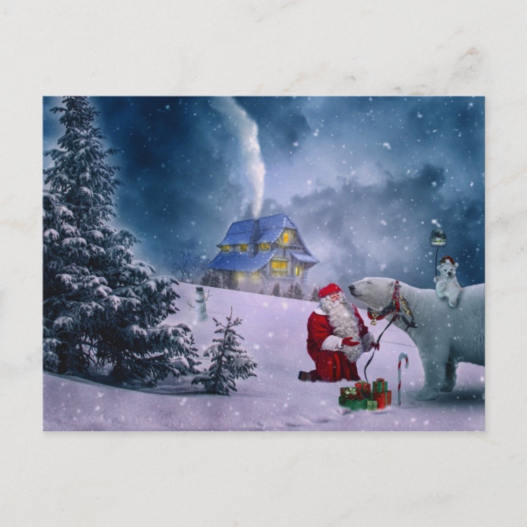 Christmas Polar Bear Santa Snow Scene Postcard | Zazzle